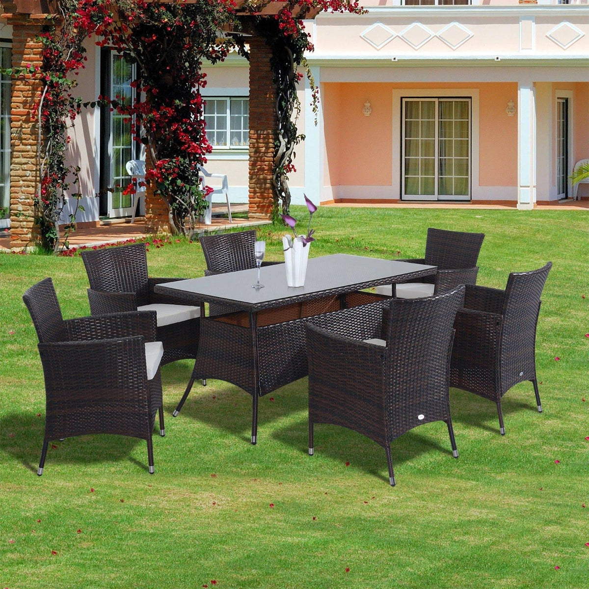 6-Seater Rattan Dining Set with Glass Top Table - Brown - Outsunny ...