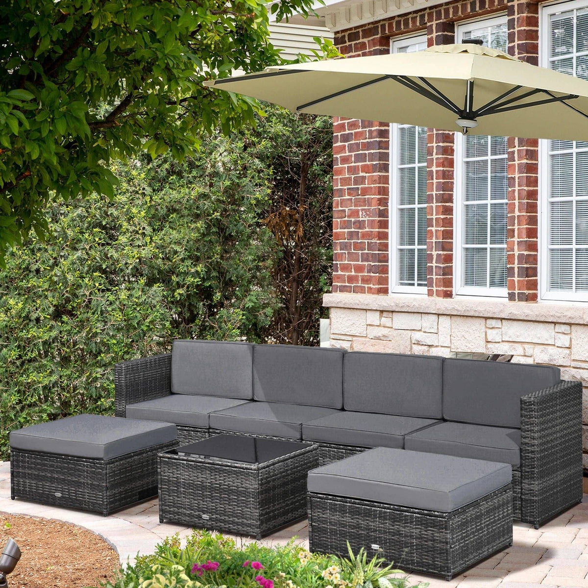6-Seater Rattan Wicker Sofa Set with Glass Top Table - Dark Grey ...