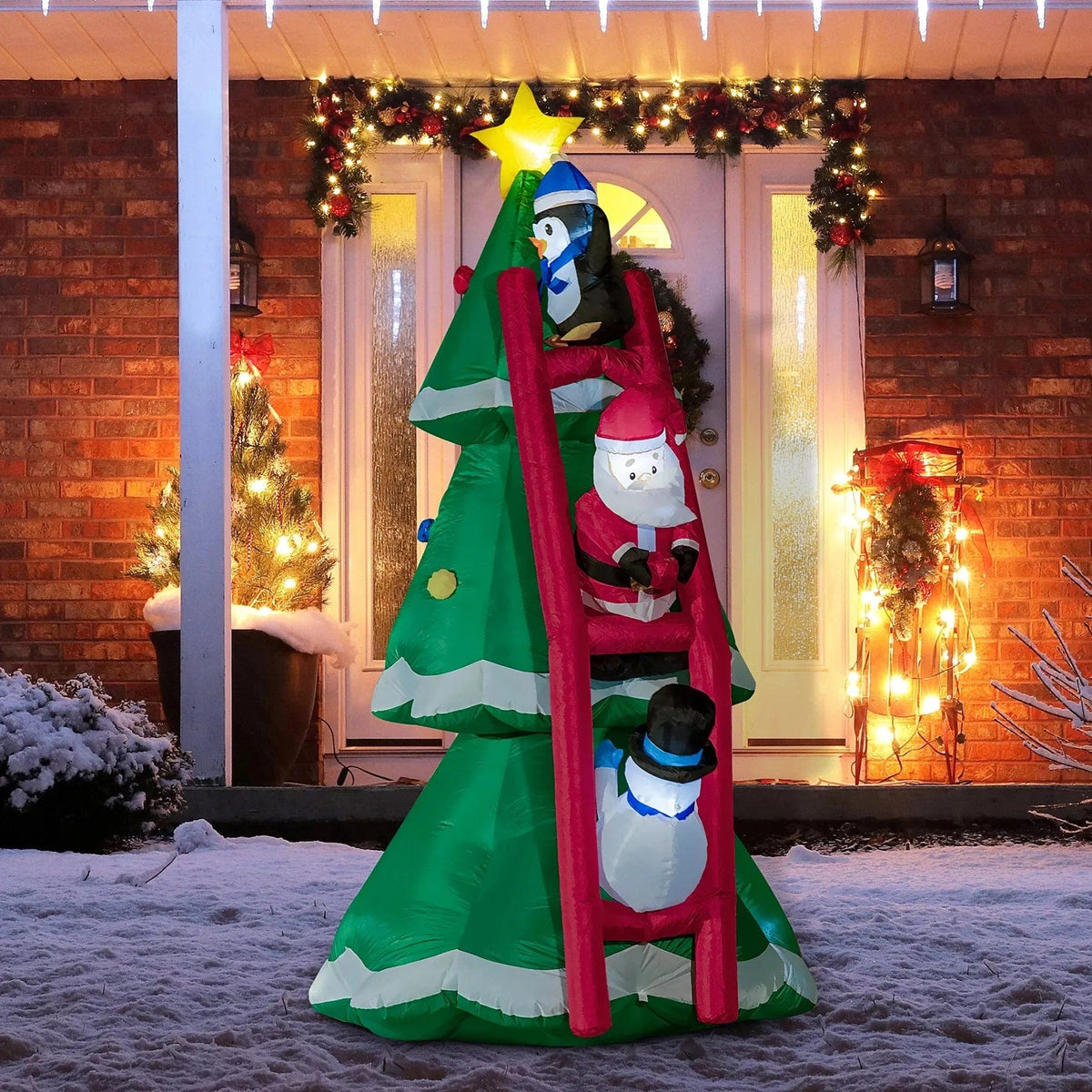8ft Inflatable Christmas Tree with Santa, Penguin and Snowman on Ladder ...