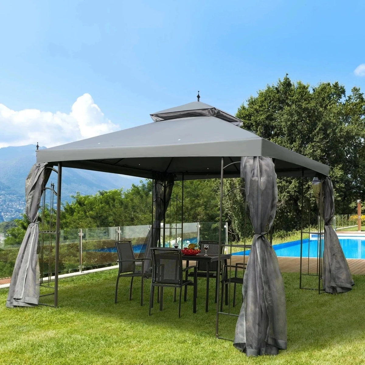 10 x 10 ft (3 x 3 m) Grey Serenity Double Top Garden Gazebo with Mesh ...
