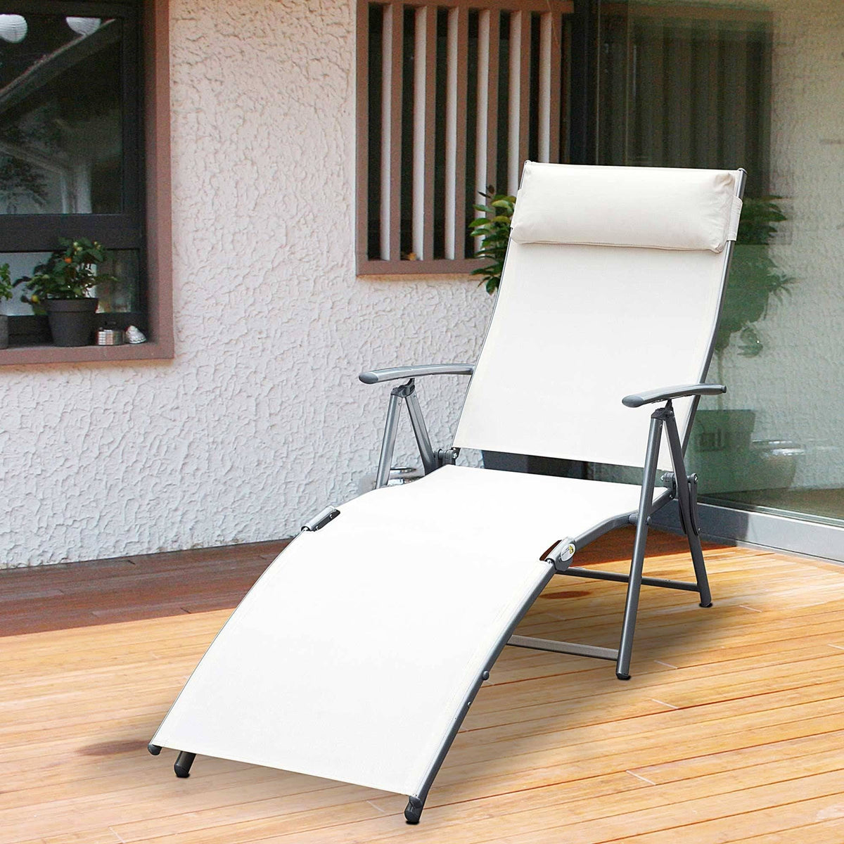 Foldable Recliner Sun Lounger with Headrest & 5 Levels Adjustable ...