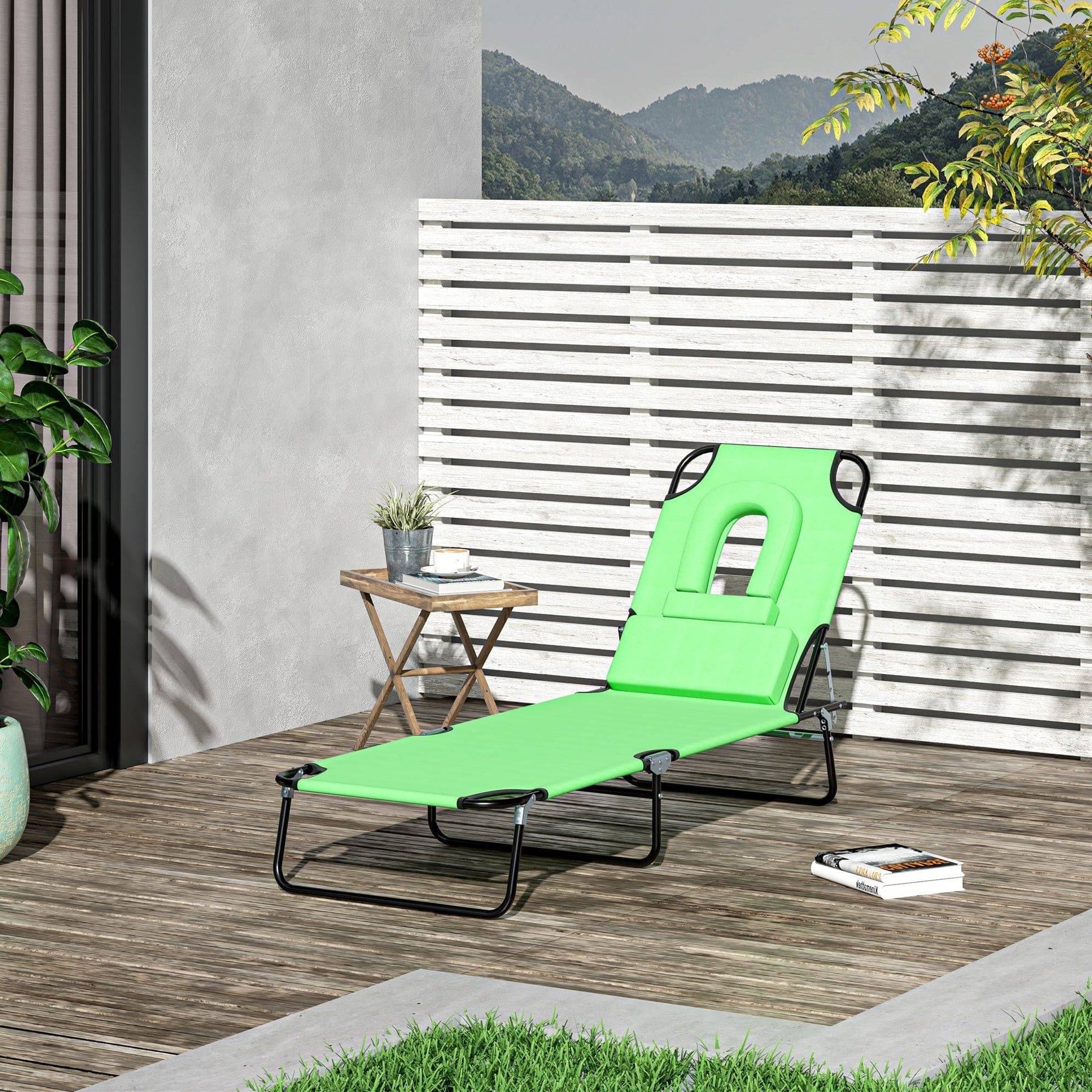 Foldable Reclining Sun Lounger with Pillow and Reading Hole - Green ...