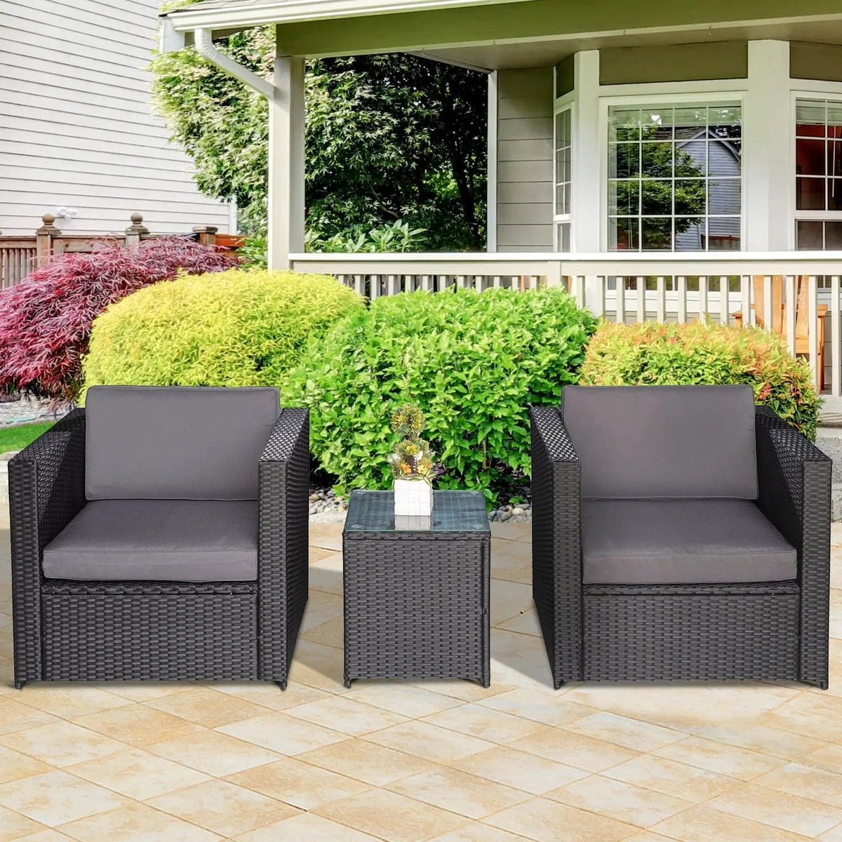 ComfortScape - 2-Seater Rattan Set with Plush Cushions - Black ...